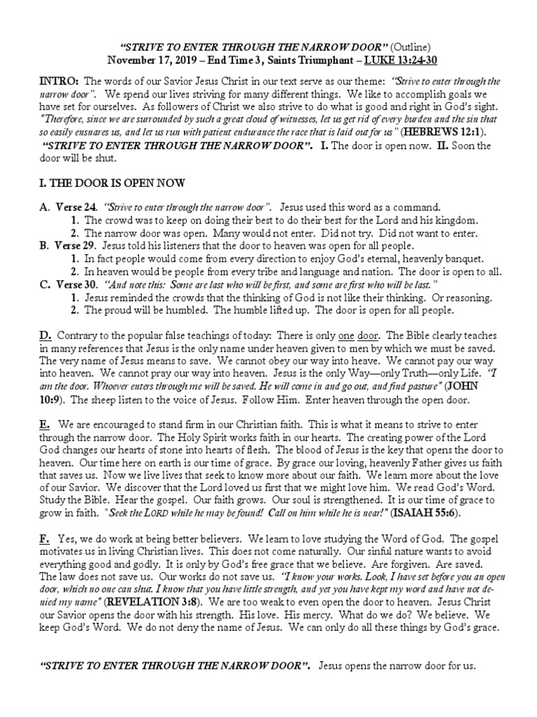 "Strive To Enter Through The Narrow Door" (Outline) | PDF | Grace In ...
