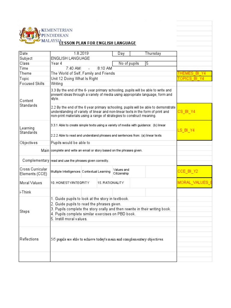 Lesson Plan For English Language: Themes - Bi - Y4 Topics - Bi - Y4 ...