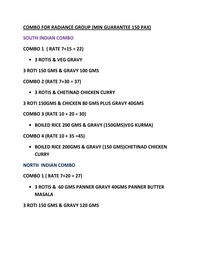 Radiance Group Catering Combos | PDF