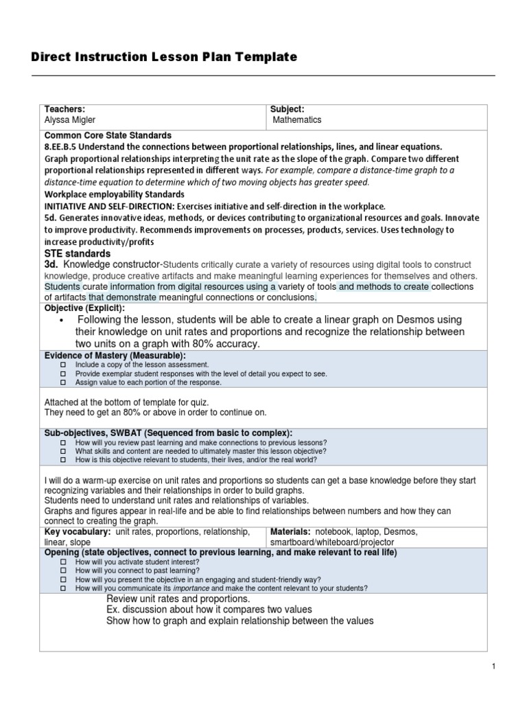 Direct Instruction Lesson Plan Template | PDF | Teachers | Learning