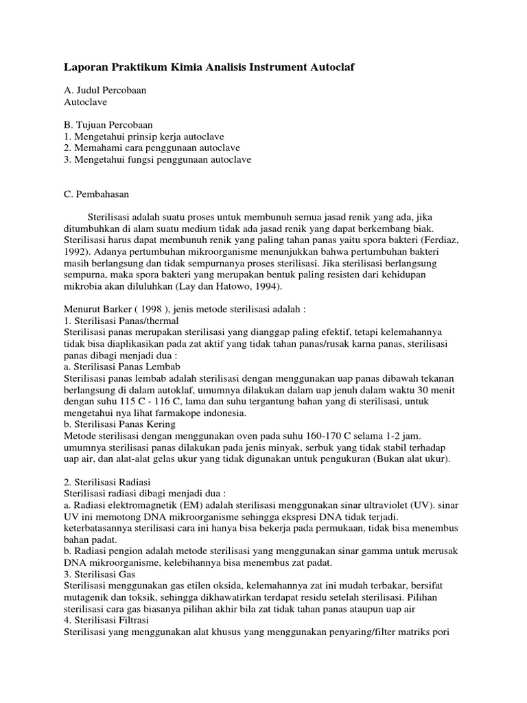 Laporan Praktikum Kimia Analisis Instrument Autoclaf | PDF