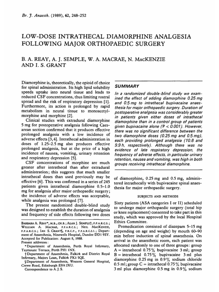 Low-Dose Intrathecal Diamorphine Analgesia Following Major Orthopaedic ...
