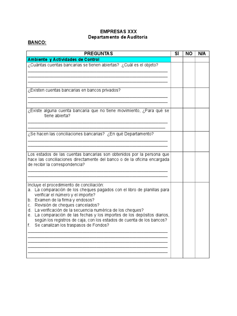 Cuestionario de Control Interno-Bancos | PDF | Cheque | Bancos