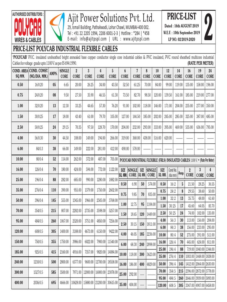 Price-List Polycab Industrial Flexible Cables | PDF | Wire | Components