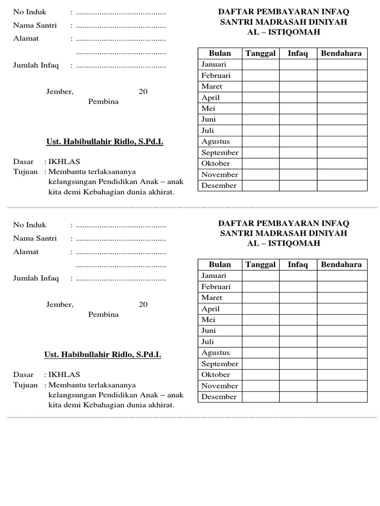 Kartu Infaq Madrasah Diniyah Al - Istiqomah | PDF