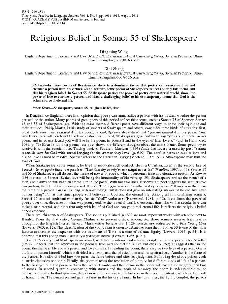 Religious Belief In Sonnet 55 Of Shakespeare Dingming Wang Pdf