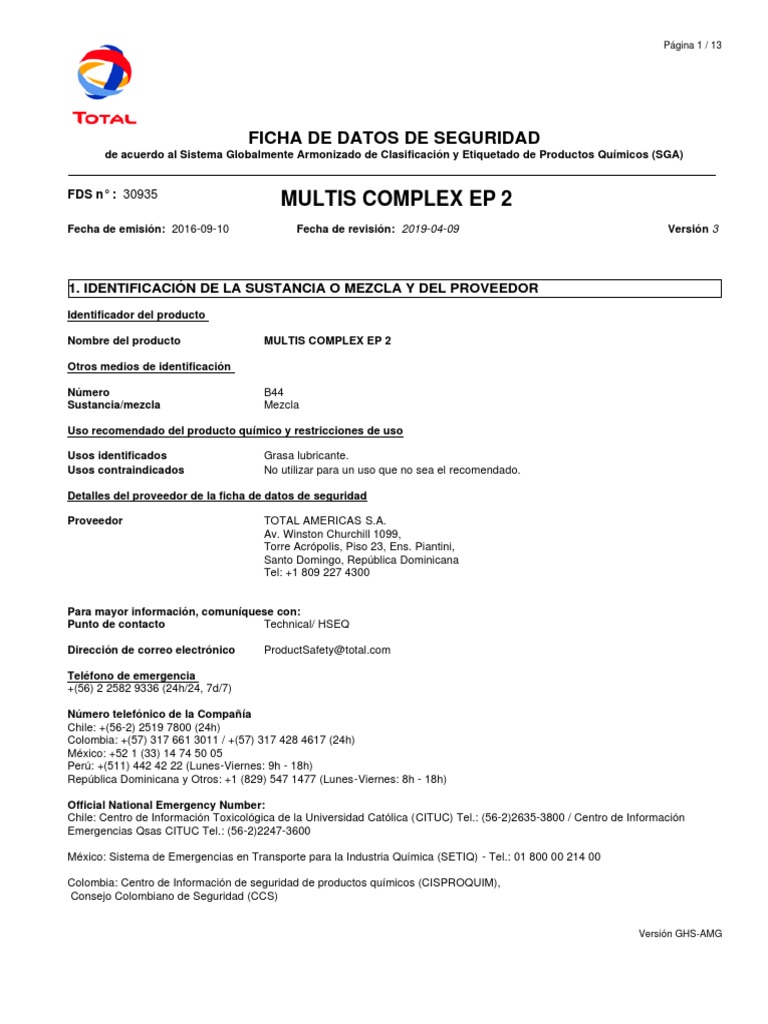 Msds - Total Multis Complex Ep 2 | PDF | Combustión | Residuos