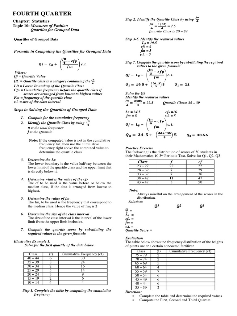 Topic 10 Measure of Positions Quartiles For Grouped Data | PDF | Confidence Interval | Quartile