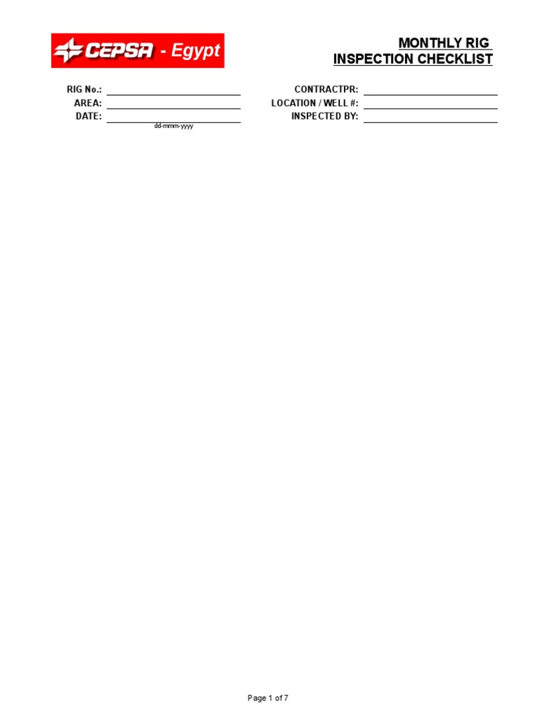 Monthly Hse Rig Inspection | PDF | Personal Protective Equipment | Valve