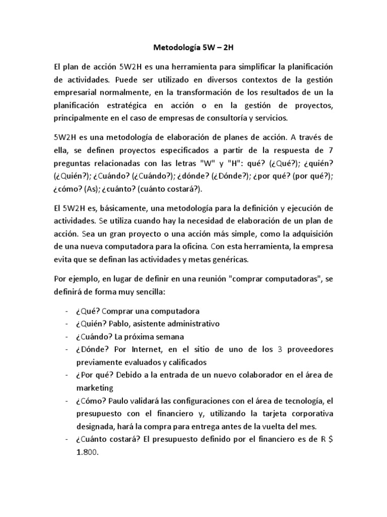 Metodología 5W2H para Planes de Acción | PDF | Presupuesto | Marketing