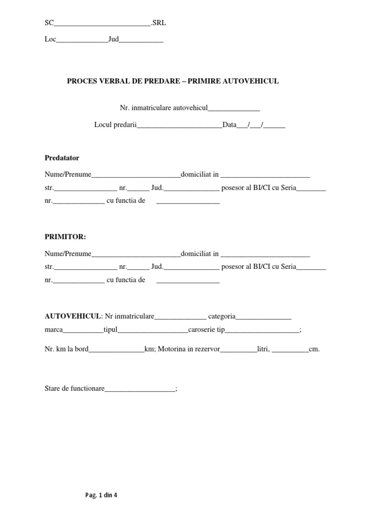 PV de Predare Primire Auto | PDF