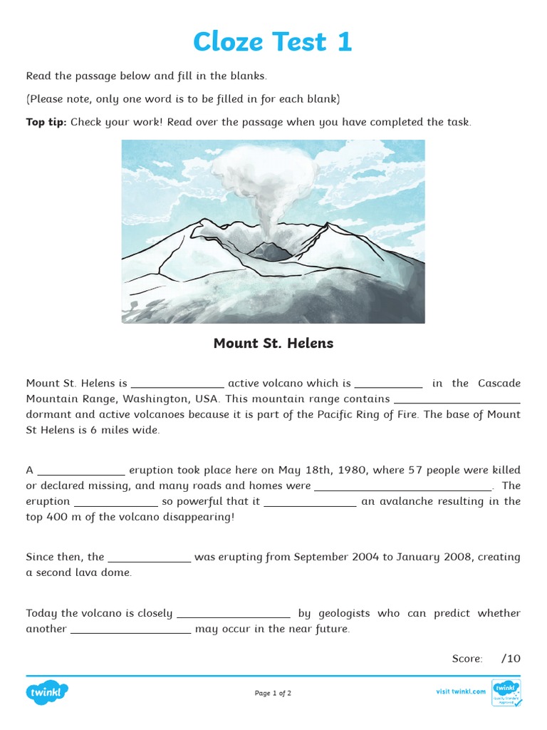 Volcano Cloze Test Practice | PDF | Volcano | Types Of Volcanic Eruptions