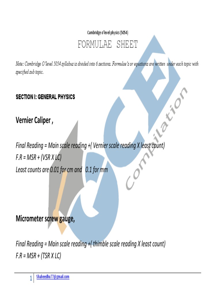 Formulae Sheet: Vernier Caliper | PDF | Voltage | Mass