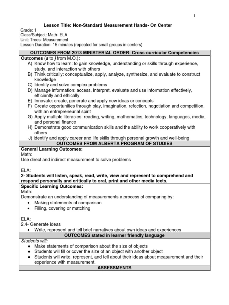 Grade: 1 Class/Subject: Math-ELA Unit: Trees - Measurement Lesson ...