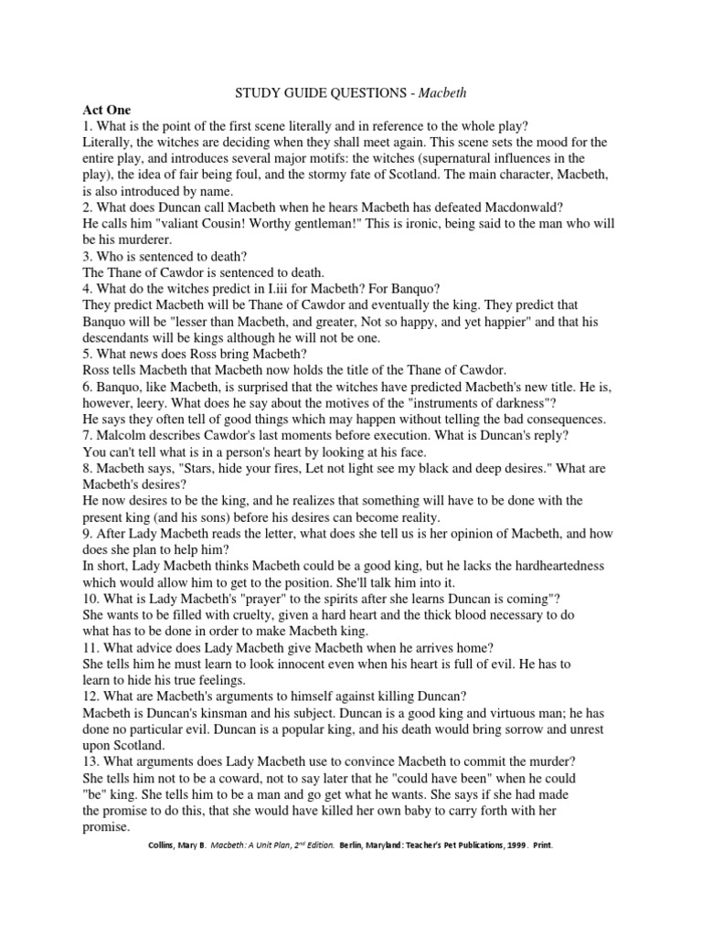 Macbeth Study Guide Questions Answers | PDF | Macbeth | Shakespearean ...