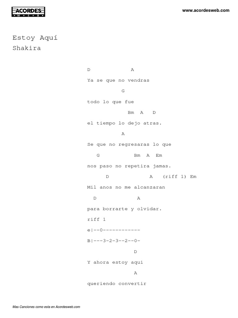 Acordes y letra de "Estoy Aquí" de Shakira | PDF | Música grabada ...