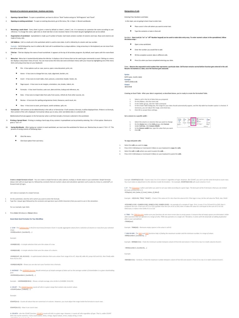 Elements of An Electronic Spread Sheet | PDF | Spreadsheet | Worksheet