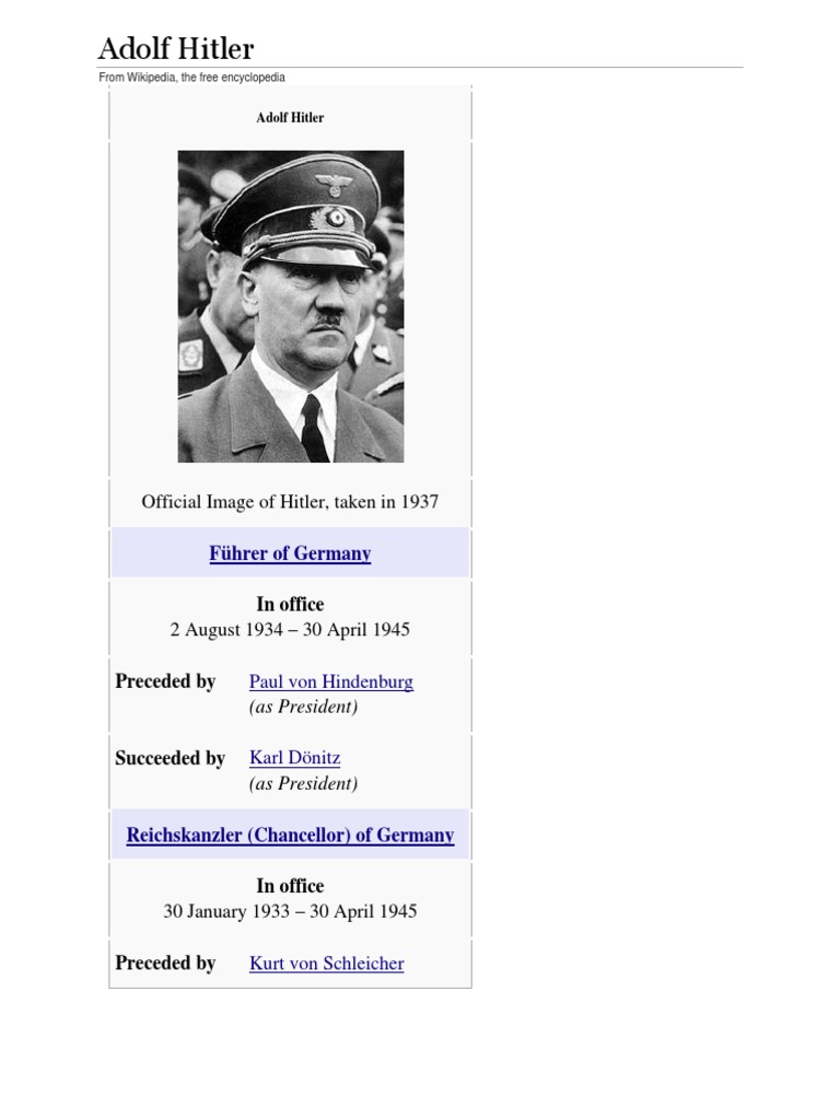 Adolf Hitler: Official Image of Hitler, Taken in 1937 | PDF | Nazi ...