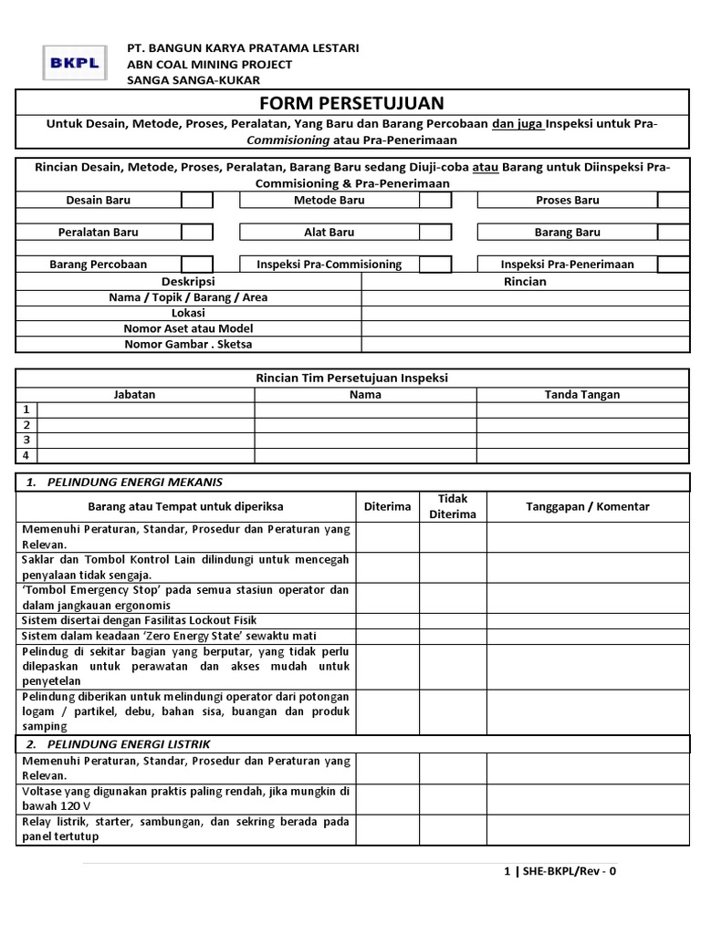 Form Persetujuan: Commisioning atau Pra-Penerimaan