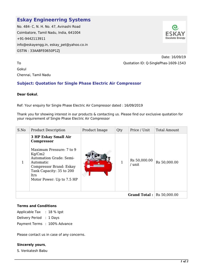 Eskay Engineerring Systems: Subject: Quotation For Single Phase ...