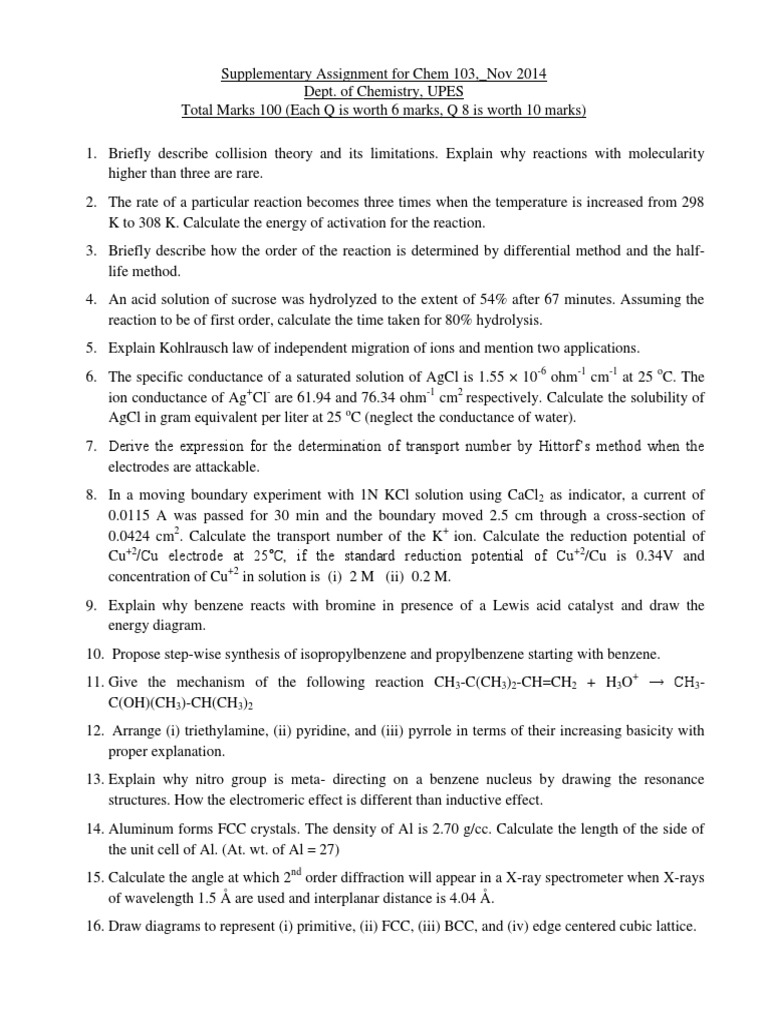 Supplementary Assignment For Chem 103 | PDF | Solubility | Crystal ...