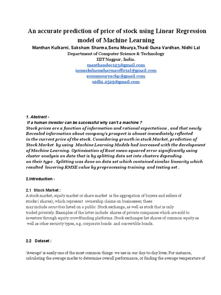 An Accurate Prediction of Price of Stock Using Linear Regression Model of Machine Learning | PDF ...