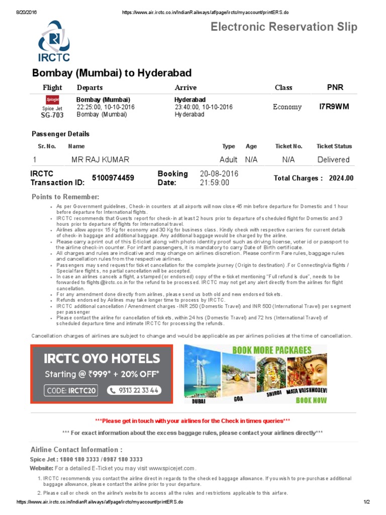 Bombay (Mumbai) To Hyderabad: Electronic Reservation Slip | PDF ...