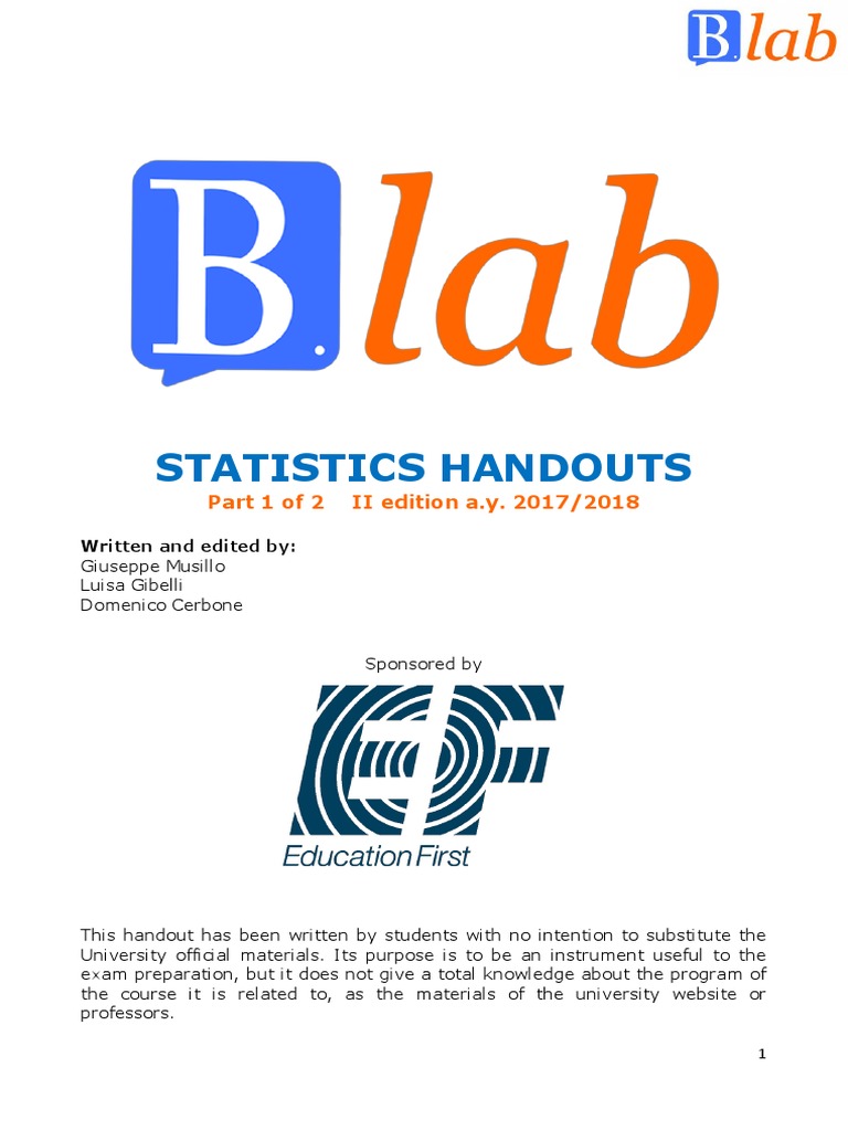 Statistics Handouts: Part 1 of 2 II Edition A.Y. 2017/2018 | PDF ...