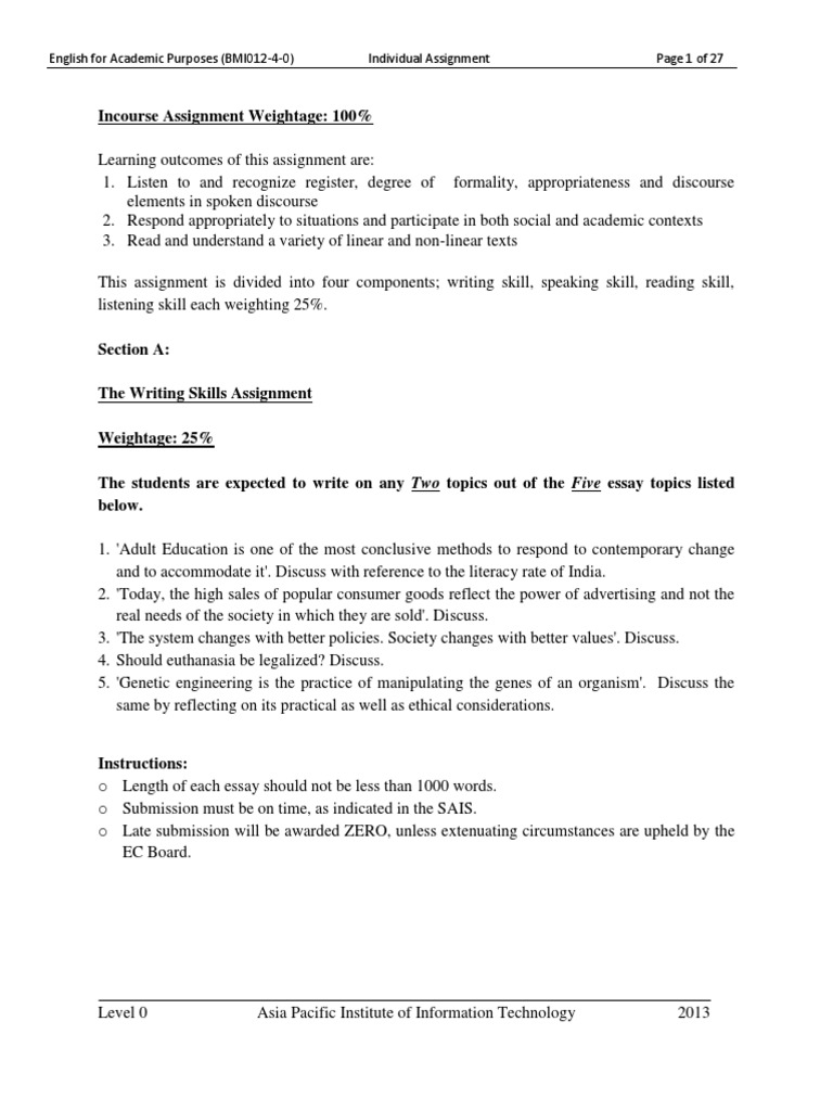 Incourse Assignment Weightage: 100%: English For Academic Purposes (BMI012-4-0) Individual ...