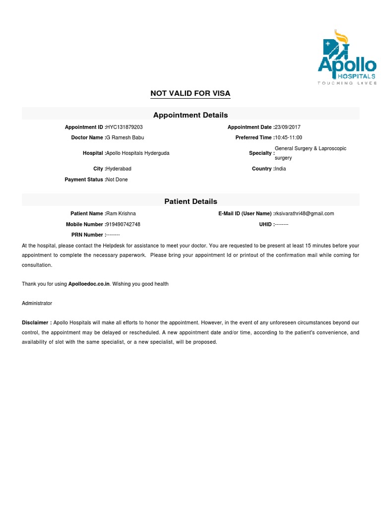 Apollo Hospital Appointment Confirmation | PDF