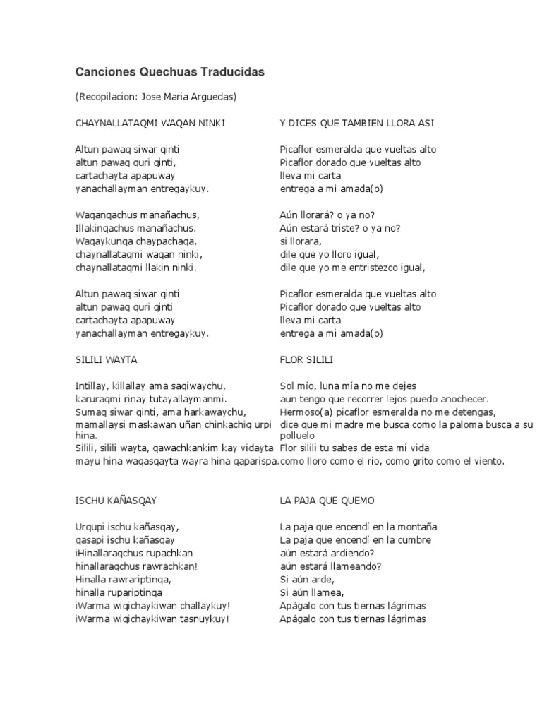 Canciones Quechuas Traducidas | PDF | Organismos | Naturaleza