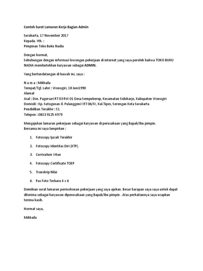 Contoh Surat Lamaran Kerja Bagian Admin | PDF