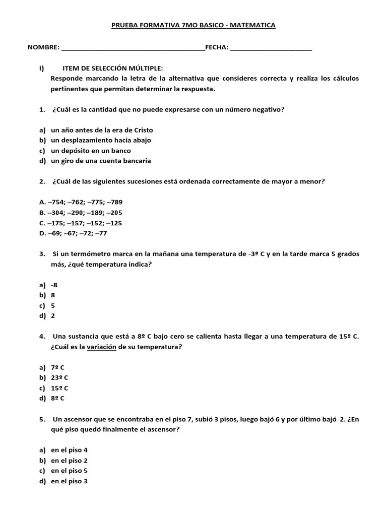 Formativa Matematica 7mo Basico - Numeros Enteros.1 | PDF | Celsius ...
