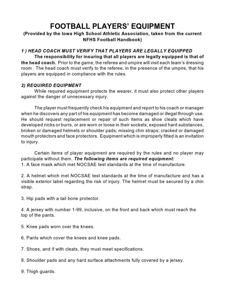 Football Player's Equipment Handout PDF | PDF | Sports | Clothing
