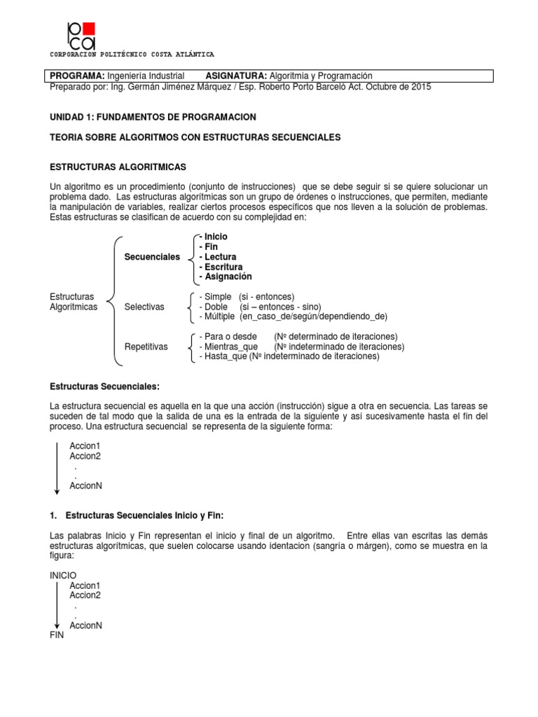 Algoritmia y Programación Unidad No. 1 Guia 2 - Fundamentos de Programación - Estructuras ...
