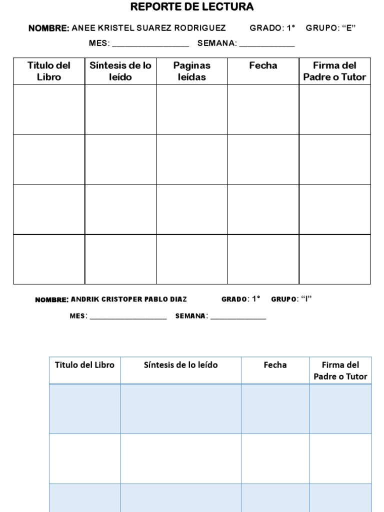 formato de reporte de lecturas