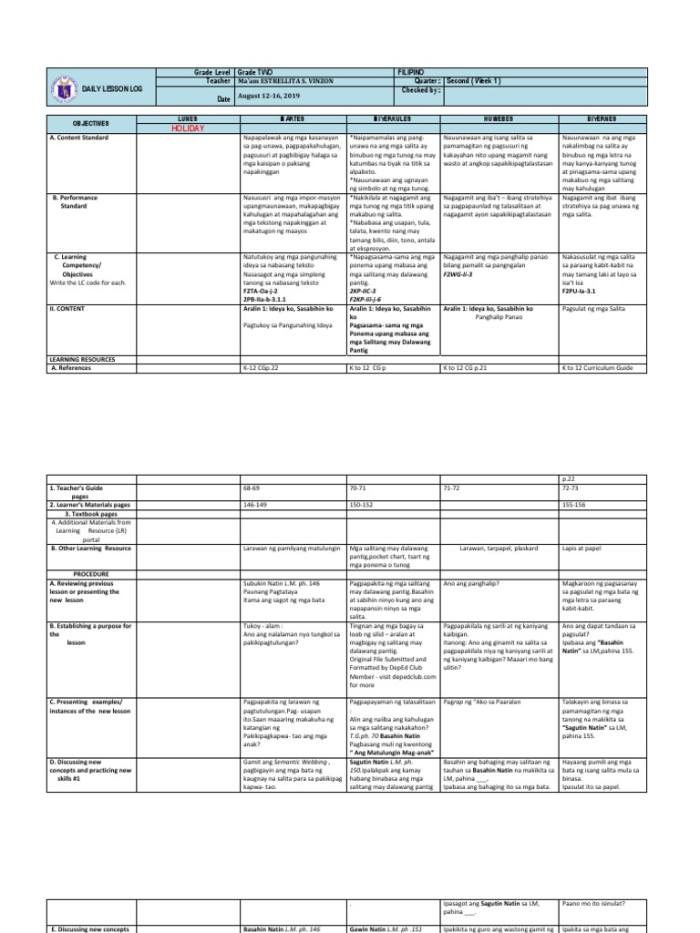 Filipino 2 DLL Q2 Week 1 | PDF