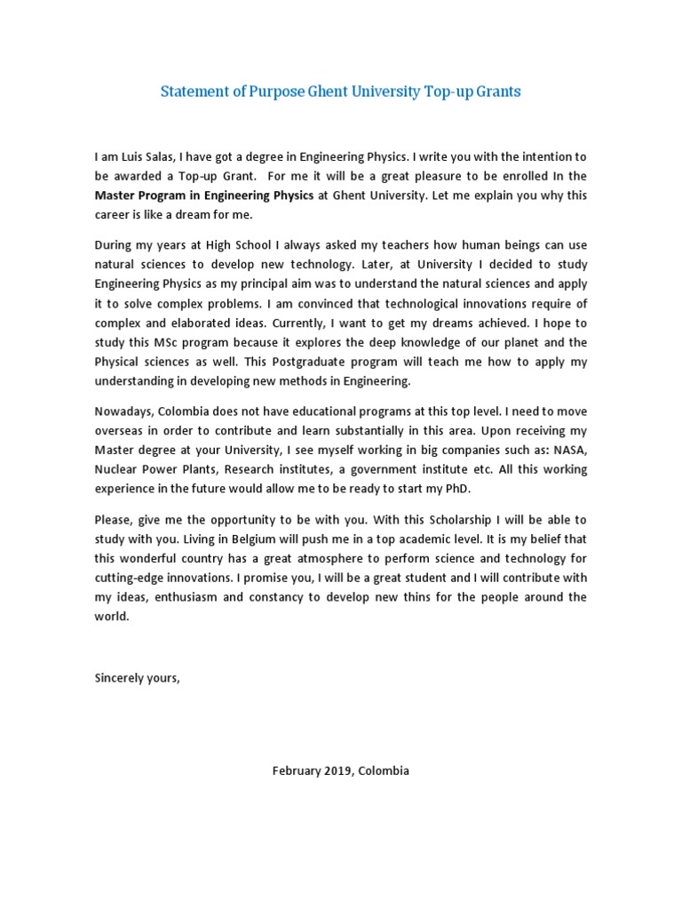 Statement of Purpose Top-Up Grant | PDF