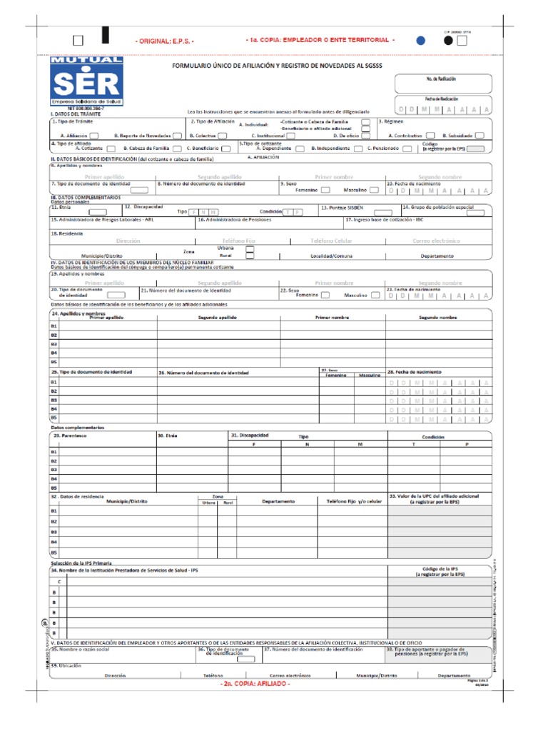 Formato Afiliacion Mutual Ser Eps | PDF