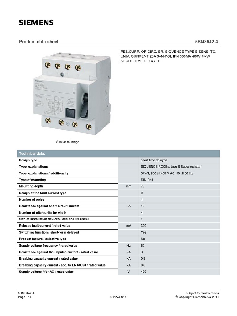 Product Data Sheet 5SM3642-4 | PDF | Alternating Current | Force