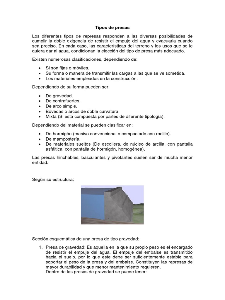 Tipos Y Características De Presas Pdf Represa Hormigón