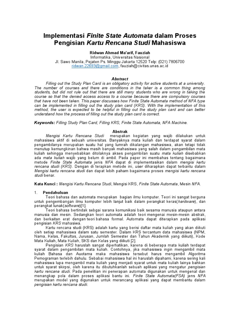 Implementasi Finite State Automata Dalam Mengisi Kartu Rencana Studi | PDF