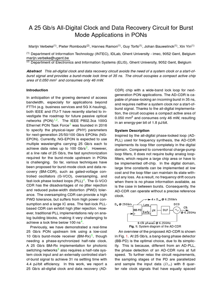 A 25 GB/S All-Digital Clock and Data Recovery Circuit For Burst Mode Applications in Pons | PDF ...