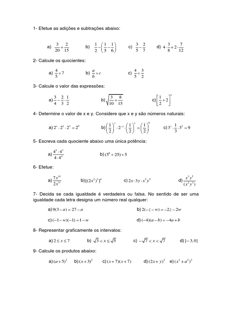 Lista de Exercicios de Pre Calculo | PDF | Fração (Matemática) | Números