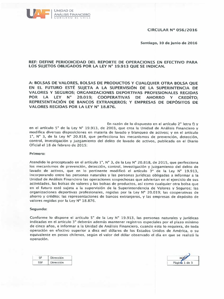 Circular 56 Uaf - Periodicidad de Reporte de Operaciones en Efectivo | PDF