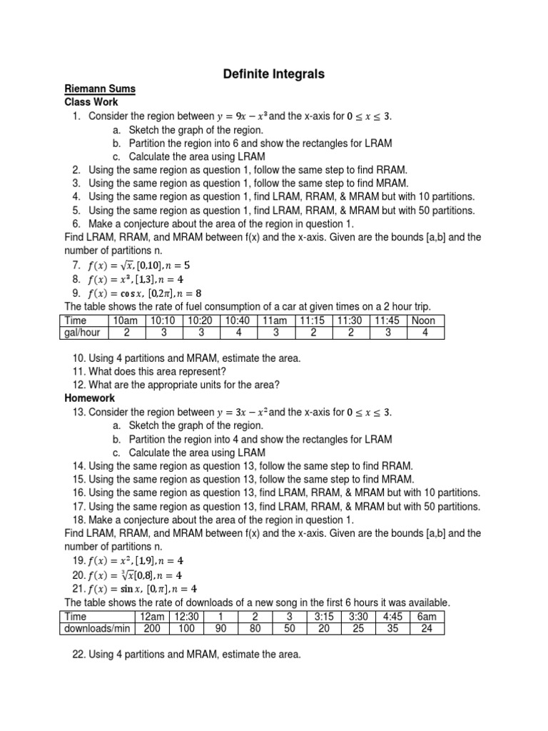 Definite Integrals: Riemann Sums Class Work | PDF | Area | Geometry