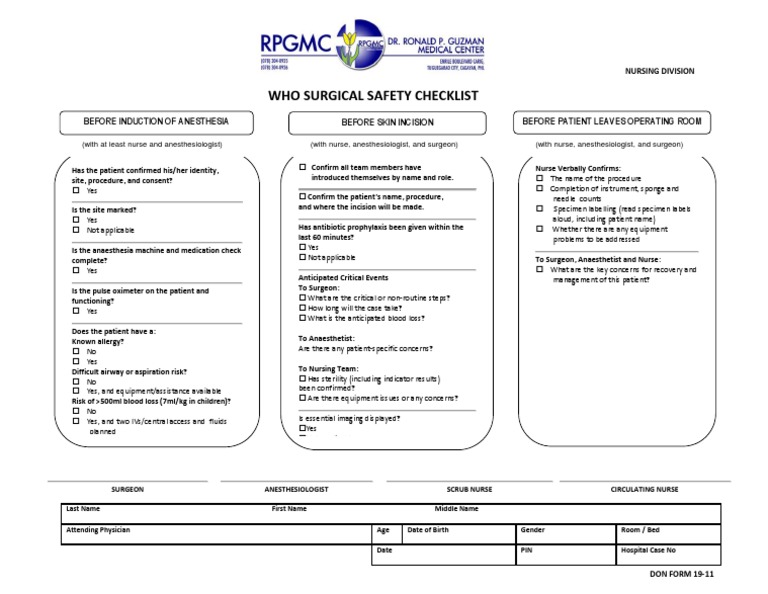 Who Surgical Safety Checklist: Before Induction of Anesthesia Before ...