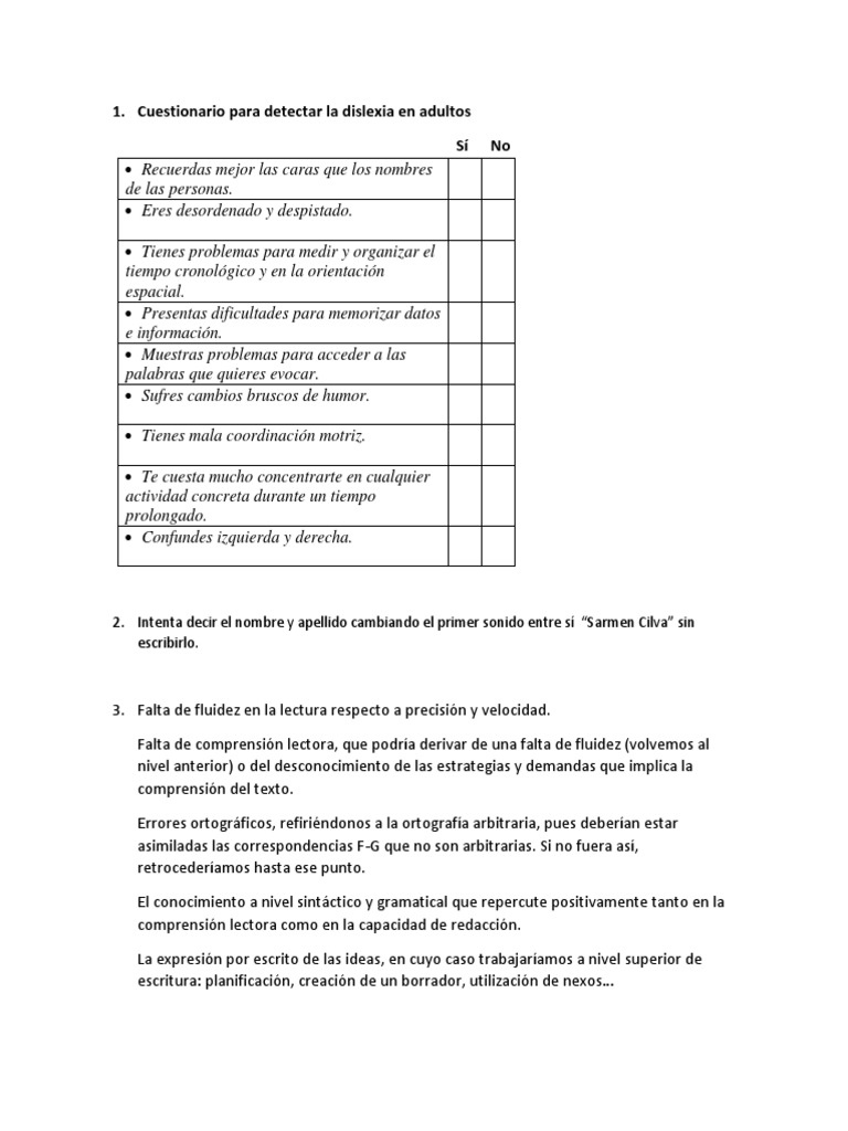 Cuestionario para Detectar La Dislexia en Adultos | PDF | Dislexia ...
