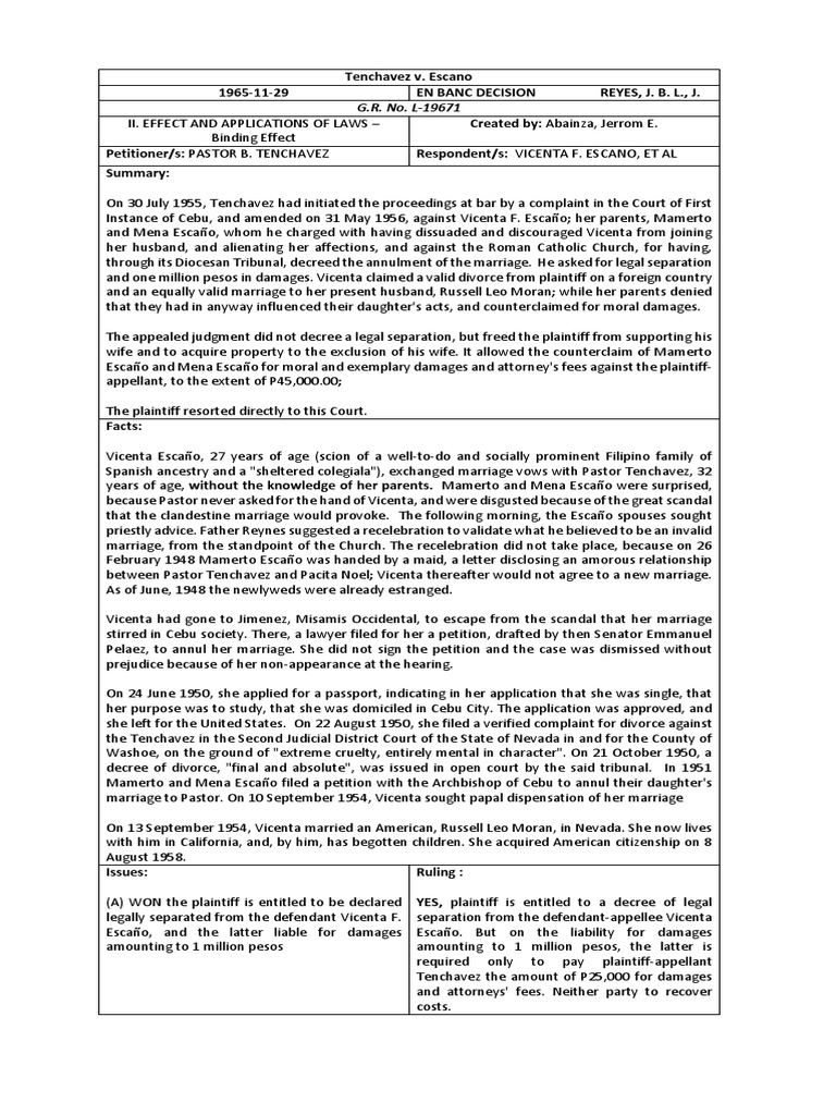 Tenchavez v. Escano Case Digest | PDF | Lawsuit | Damages