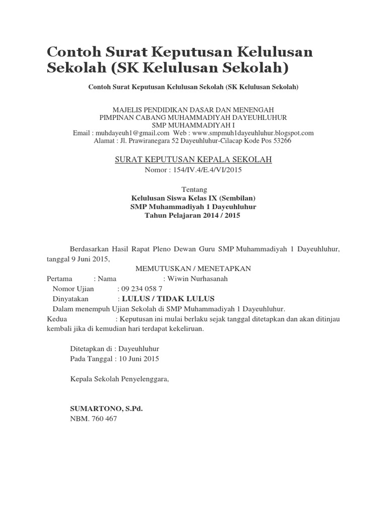 Contoh Surat Keputusan Kelulusan Sekolah SMP N SMK T Al-Istiqomah | PDF